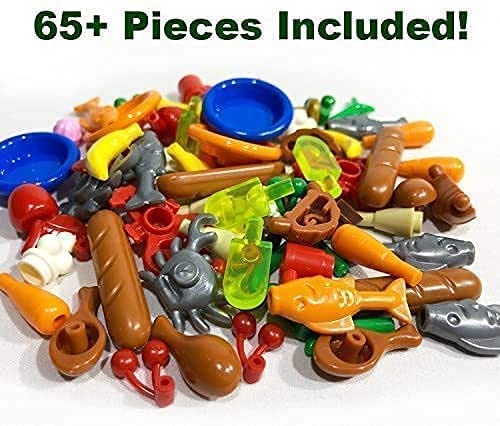 Brick Loot Over 90 Pcs Toy Sushi Food Building Blocks - City Kitchen Maki Roll Accessories Pack - Fits Lego Minifigures, Carrots Lobsters Crabs Bread Plates Apples Cherries Chicken Fish, Ice Cream