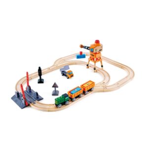 hape crossing & crane set | 32-piece wooden railway cargo playset for kids multicolor