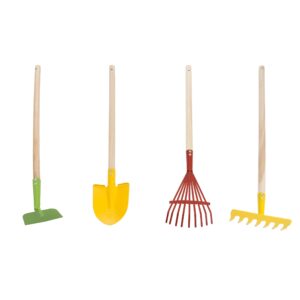 hey! play! kid’s garden tool set with child safe shovel, rake, hoe and leaf rake– 4 piece gardening kit with long wood handles for boys and girls