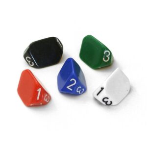 set of 3-sided d3 dice in five colors