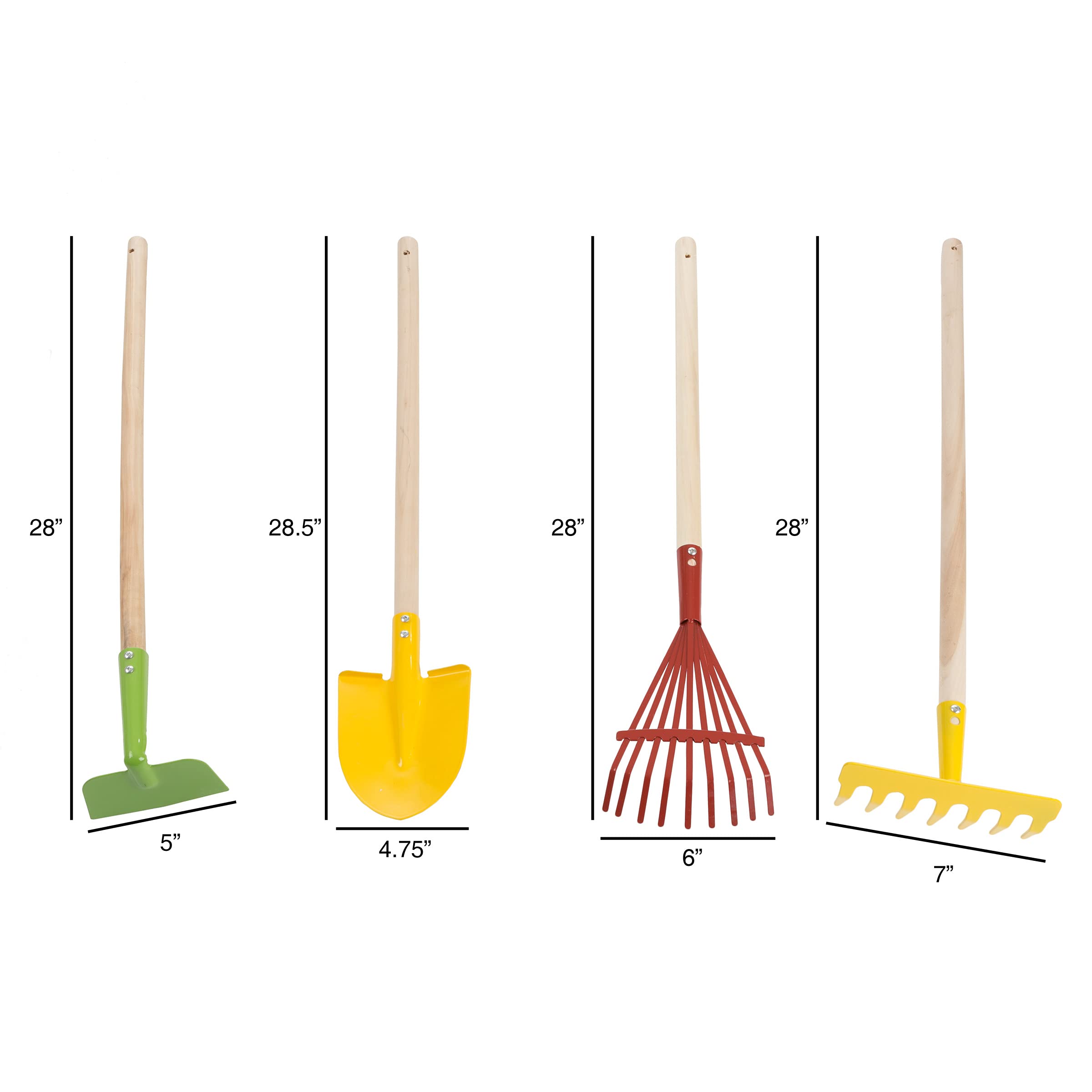 Hey! Play! Kid’s Garden Tool Set with Child Safe Shovel, Rake, Hoe and Leaf Rake– 4 Piece Gardening Kit with Long Wood Handles for Boys and Girls