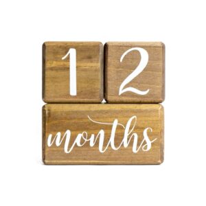 premium solid wood baby milestone age blocks + gift box | brown walnut stained natural pine | weeks months years grade newborn photo props | perfect pregnancy gift and keepsake, month photos