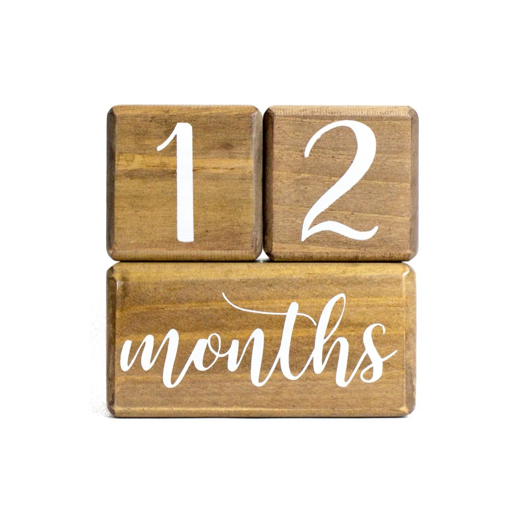 Premium Solid Wood Baby Milestone Age Blocks + Gift Box | Brown Walnut Stained Natural Pine | Weeks Months Years Grade Newborn Photo Props | Perfect Pregnancy Gift and Keepsake, Month Photos