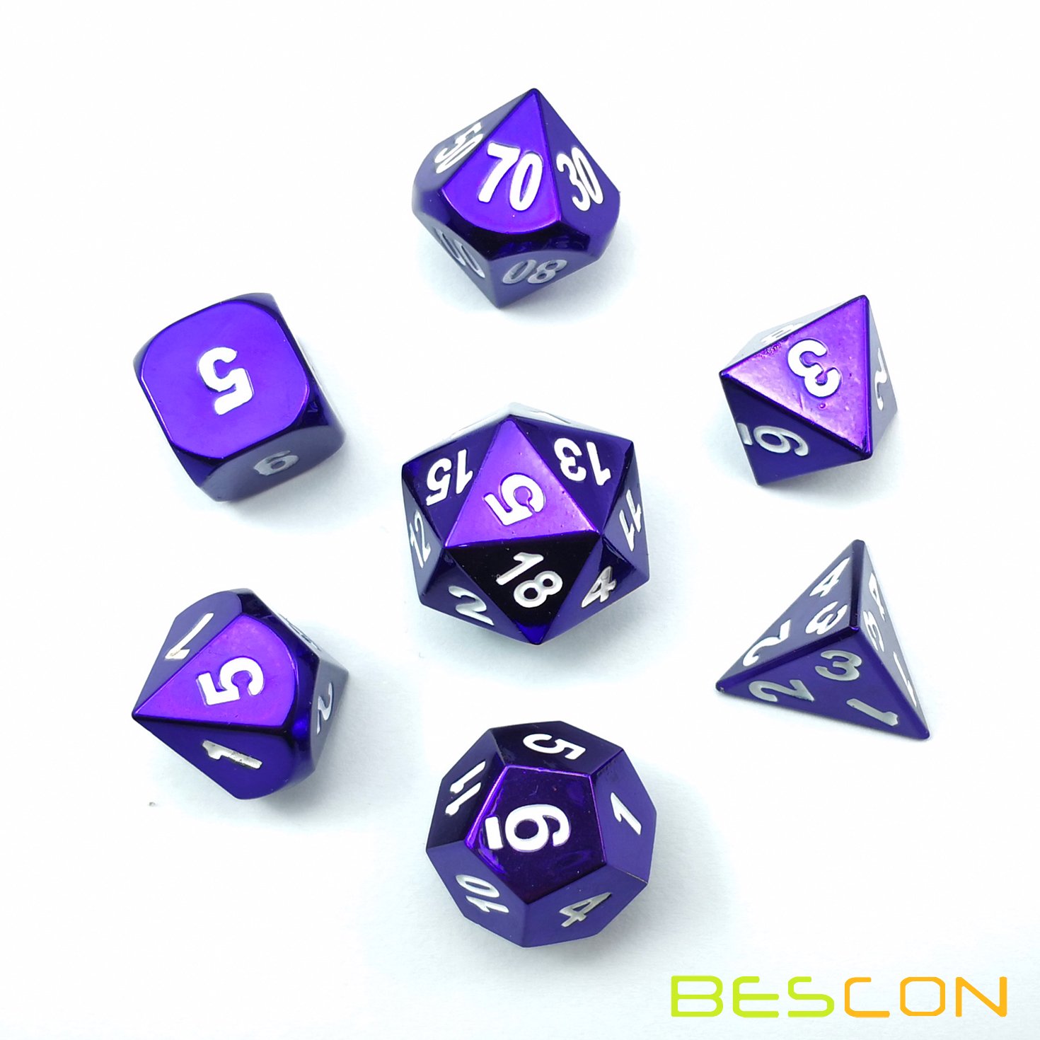 Bescon 7pcs Set Heavy Duty Metal Dice Set Glossed Color of Purple, Colorful Solid Metallic Polyhedral D&D Dice Set Violet