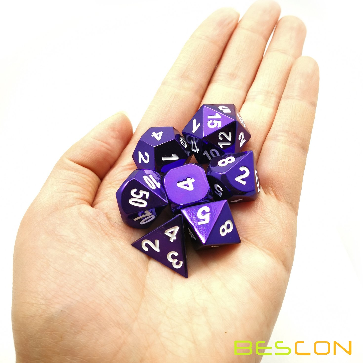 Bescon 7pcs Set Heavy Duty Metal Dice Set Glossed Color of Purple, Colorful Solid Metallic Polyhedral D&D Dice Set Violet