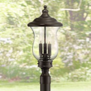 franklin iron works carriage traditional outdoor post light fixture led bronze 23" clear seedy glass decor exterior house porch patio outside deck garage yard garden driveway home lawn walkway