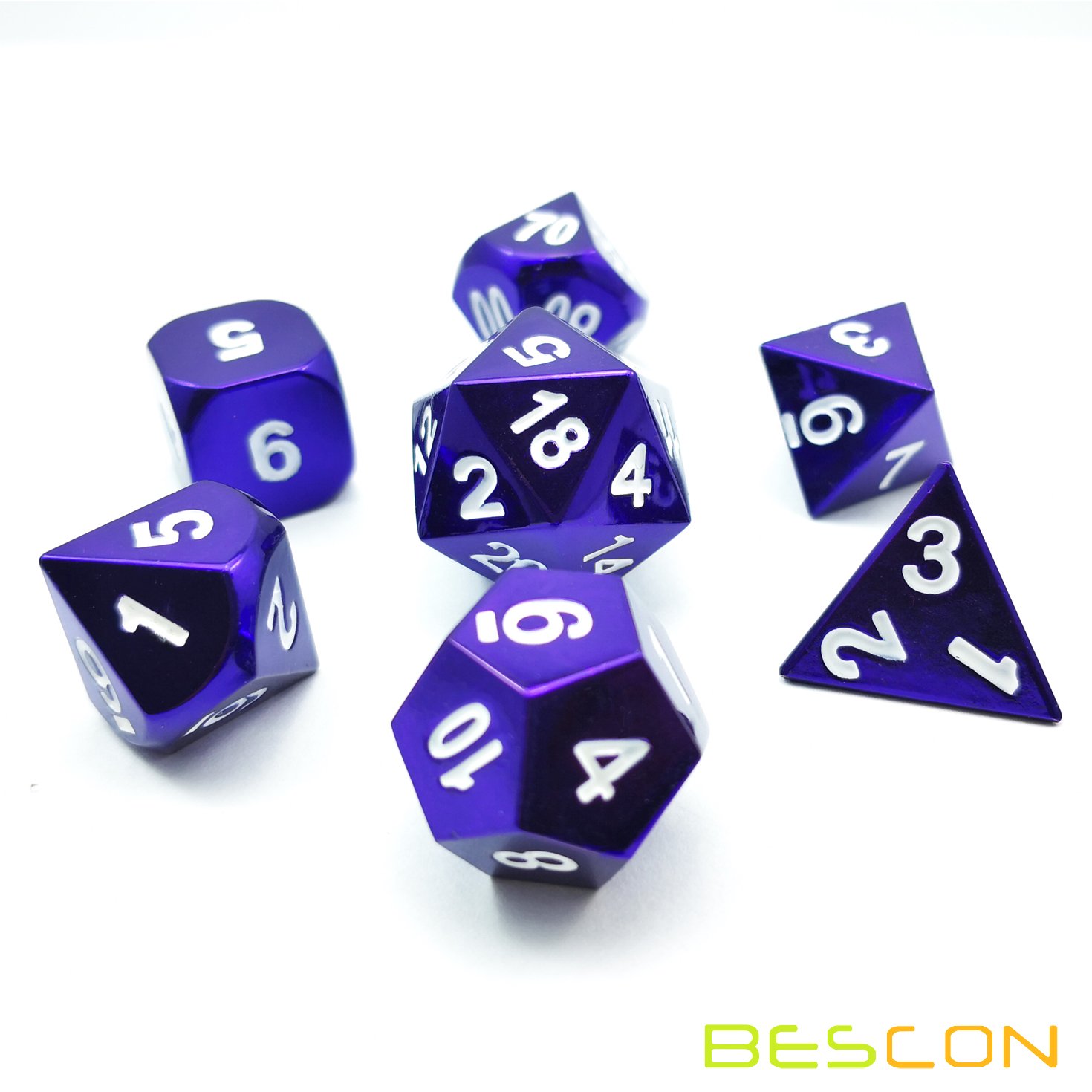 Bescon 7pcs Set Heavy Duty Metal Dice Set Glossed Color of Purple, Colorful Solid Metallic Polyhedral D&D Dice Set Violet