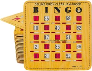 mr chips jam-proof quick-clear deluxe fingertip slide bingo cards with sliding windows - 10 pack in woodgrain style