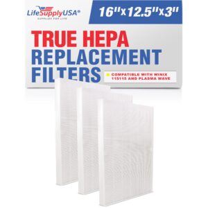 lifesupplyusa (3-pack) true hepa air cleaner filter replacement 115115 compatible with winix plasmawave wac5300, wac5500, wac6300, 5000, 5000b, 5300, 5500, 6300 & 9000, size 21