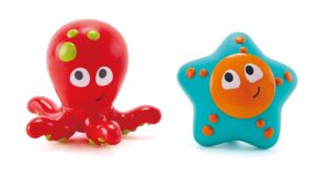 hape ocean floor squirters | colorful baby & toddler bath toys, colorful baby & toddler bath toys, silicone and non-toxic set, water spouting and suction, octopus & starfish