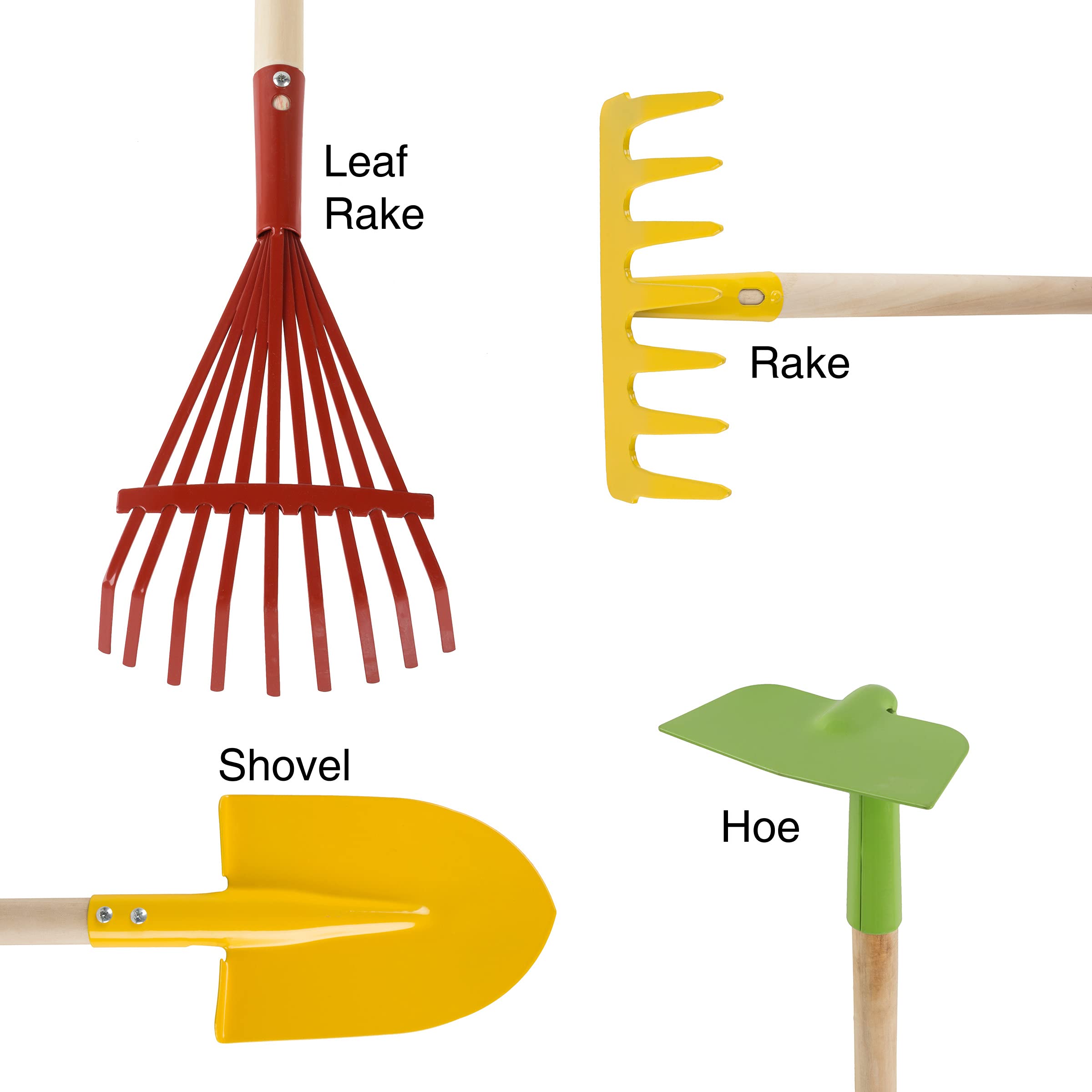 Hey! Play! Kid’s Garden Tool Set with Child Safe Shovel, Rake, Hoe and Leaf Rake– 4 Piece Gardening Kit with Long Wood Handles for Boys and Girls