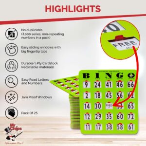 MR CHIPS Jam-Proof Easy-Read Large Print Fingertip Bingo Cards with Sliding Windows - 25 Pack in Green Style