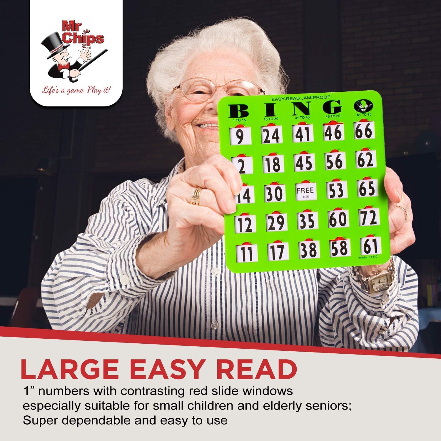 MR CHIPS Jam-Proof Easy-Read Large Print Fingertip Bingo Cards with Sliding Windows - 25 Pack in Green Style