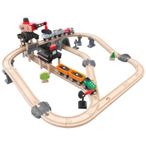 hape crane and cargo train set | wooden railway toy set with magnetic crane, button operated loader and adjustable rail signal