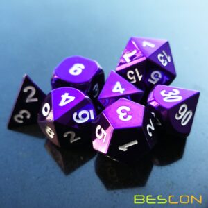 Bescon 7pcs Set Heavy Duty Metal Dice Set Glossed Color of Purple, Colorful Solid Metallic Polyhedral D&D Dice Set Violet