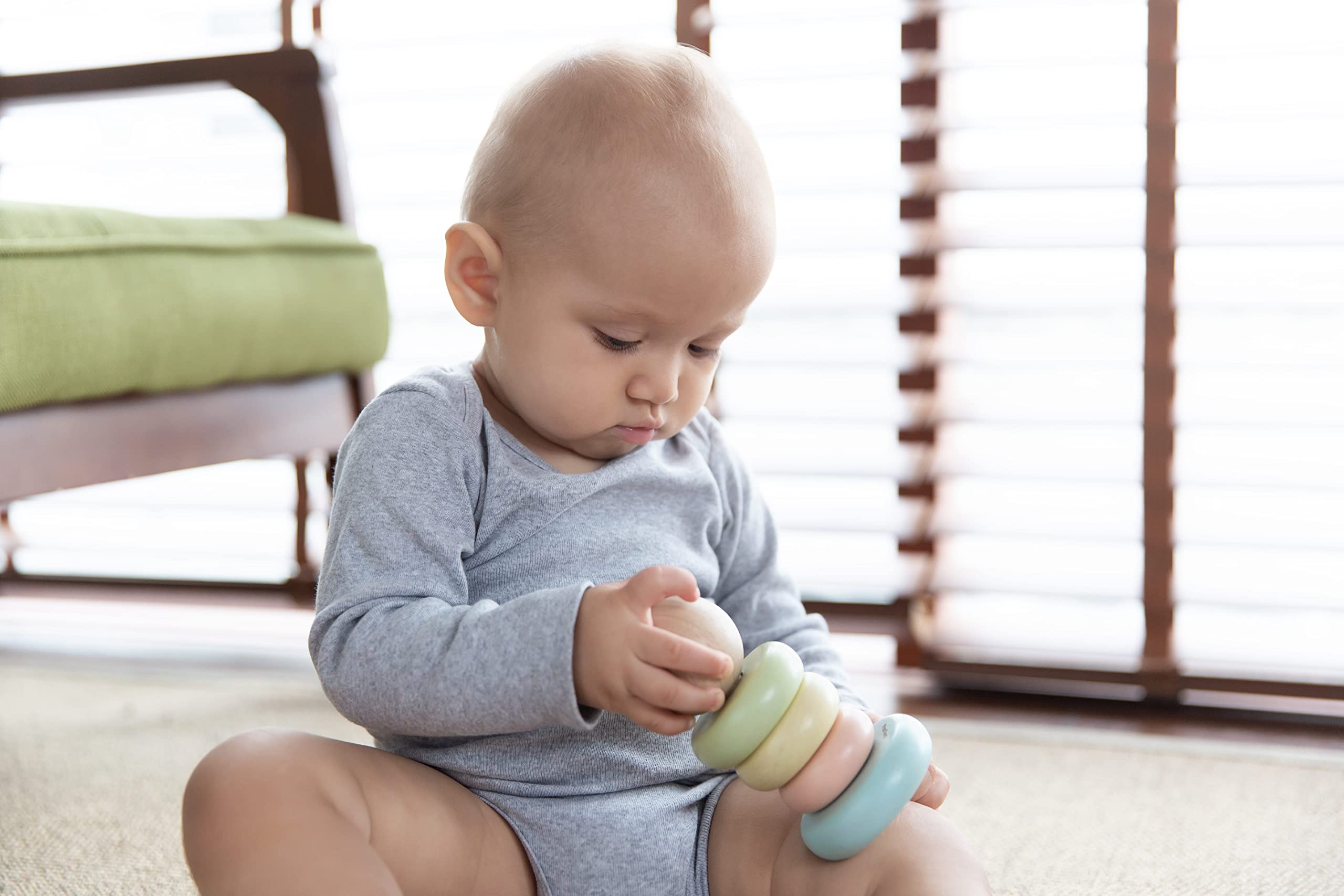 PlanToys First Stacking Rings Baby Toy - Sustainably Made from Rubberwood Featuring Organic-Pigment Coloring and Water-Based Dyes with Collapsible Central Rod for Safety