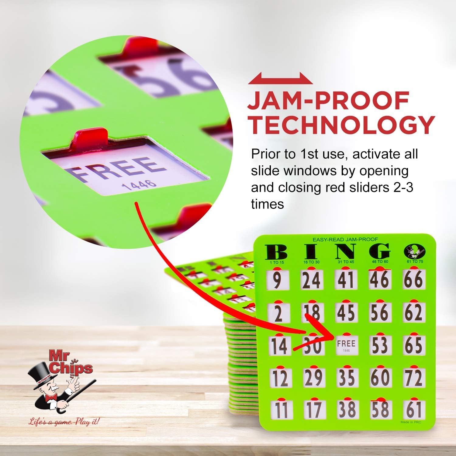 MR CHIPS Jam-Proof Easy-Read Large Print Fingertip Bingo Cards with Sliding Windows - 25 Pack in Green Style