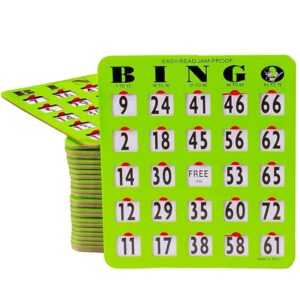 mr chips jam-proof easy-read large print fingertip bingo cards with sliding windows - 25 pack in green style