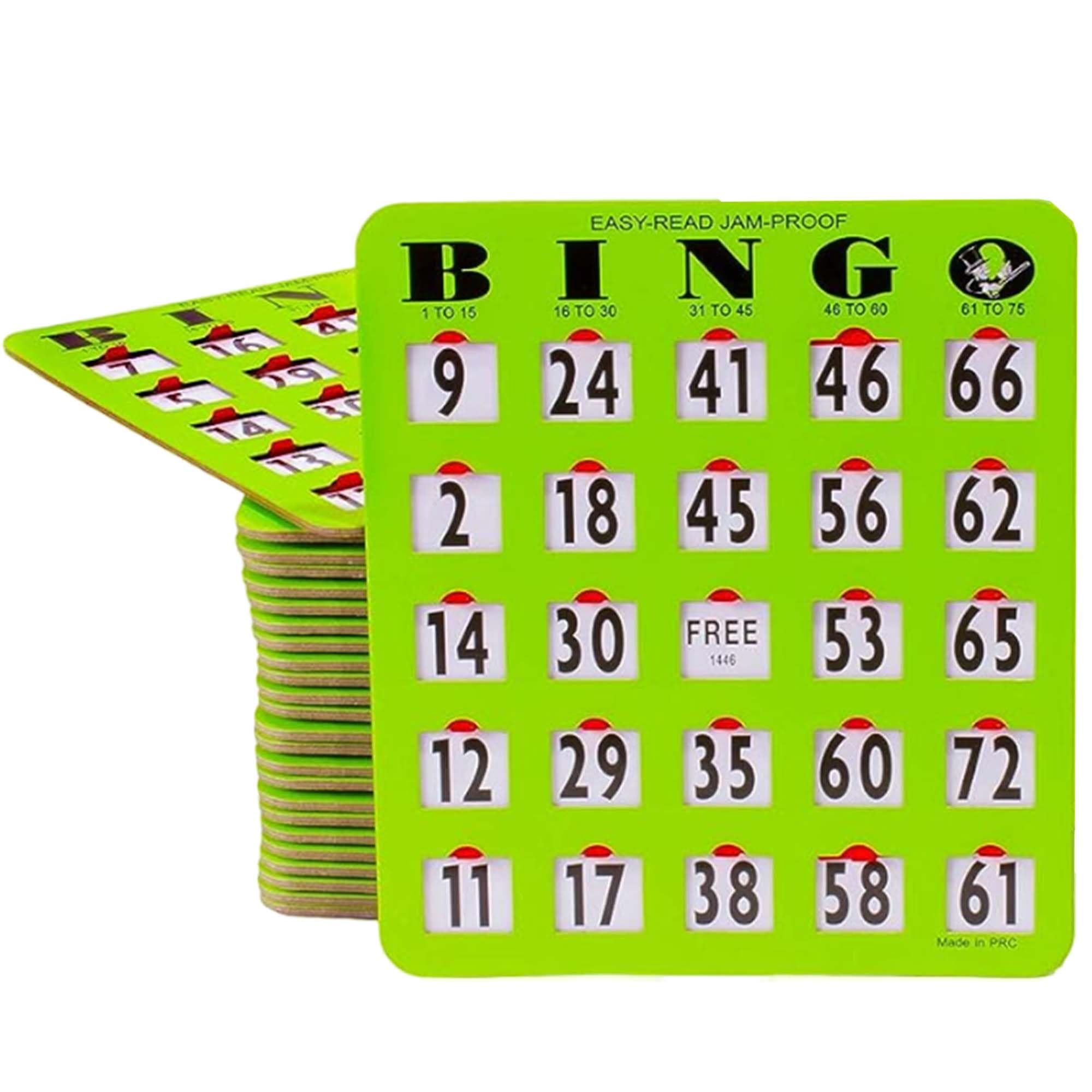 MR CHIPS Jam-Proof Easy-Read Large Print Fingertip Bingo Cards with Sliding Windows - 25 Pack in Green Style