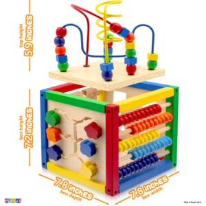 Wooden Activity Play Cube 6 in-1 for Baby with Removable Bead Maze, Shape Sorter, Abacus Counting Beads & Numbers, Sliding Shapes, 8Pcs Stacking Cups – Play22