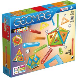 geomag magnetic sticks and balls building set, magnet toys for stem, creative, educational construction play, swiss-made innovation, confetti 50 piece age 3+, light blue, orange, green, red, yellow