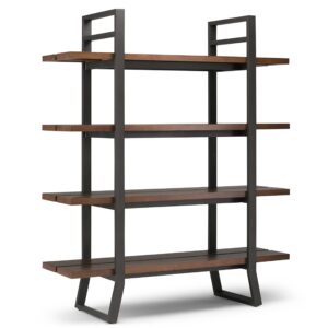 simplihome adler solid wood and metal 66 inch x 54 inch modern industrial bookcase in light walnut brown with 4 shelves, for the living room, study and office