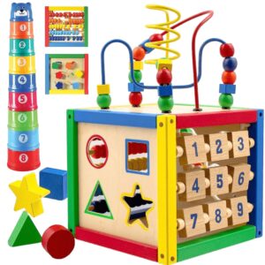 wooden activity play cube 6 in-1 for baby with removable bead maze, shape sorter, abacus counting beads & numbers, sliding shapes, 8pcs stacking cups – play22