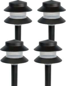 greenlighting paradise low voltage landscape pathway lights - 2 tier outdoor garden lights - easy, simple installation - walkway lights, lawn lights, landscape lighting (black, 4 pack)