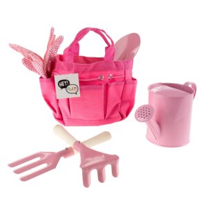 hey! play! kid’s garden tool set with child safe shovel, rake, fork, gloves, watering can and canvas tote- mini gardening kit for boys and girls , pink 4 x 7 x 6 inches