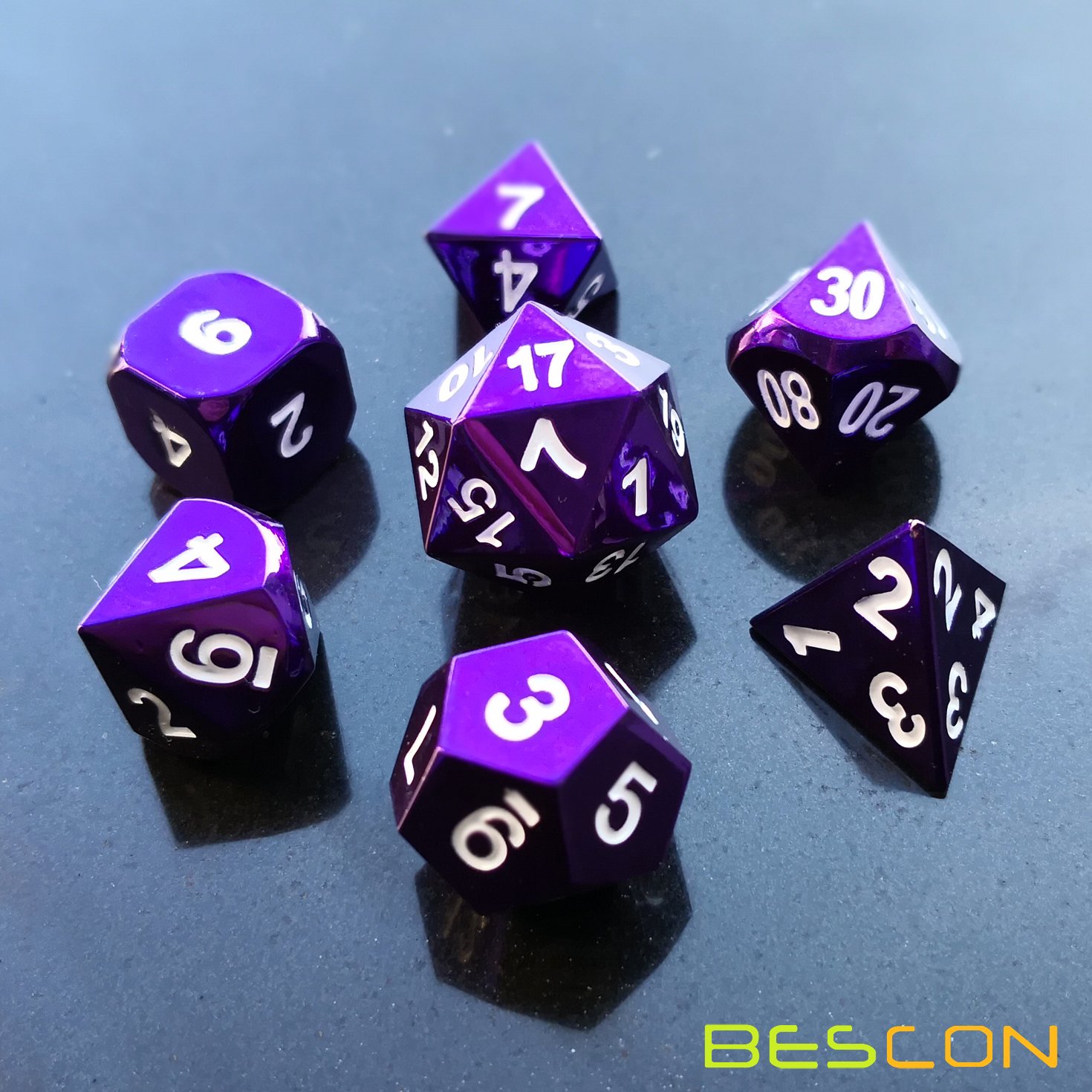 Bescon 7pcs Set Heavy Duty Metal Dice Set Glossed Color of Purple, Colorful Solid Metallic Polyhedral D&D Dice Set Violet