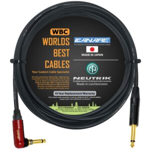 canare 10 foot gs-6 - neutrik gold plated silent plug - guitar bass instrument cable - straight to angled 1/4 inch plugs - custom made by worlds best cables