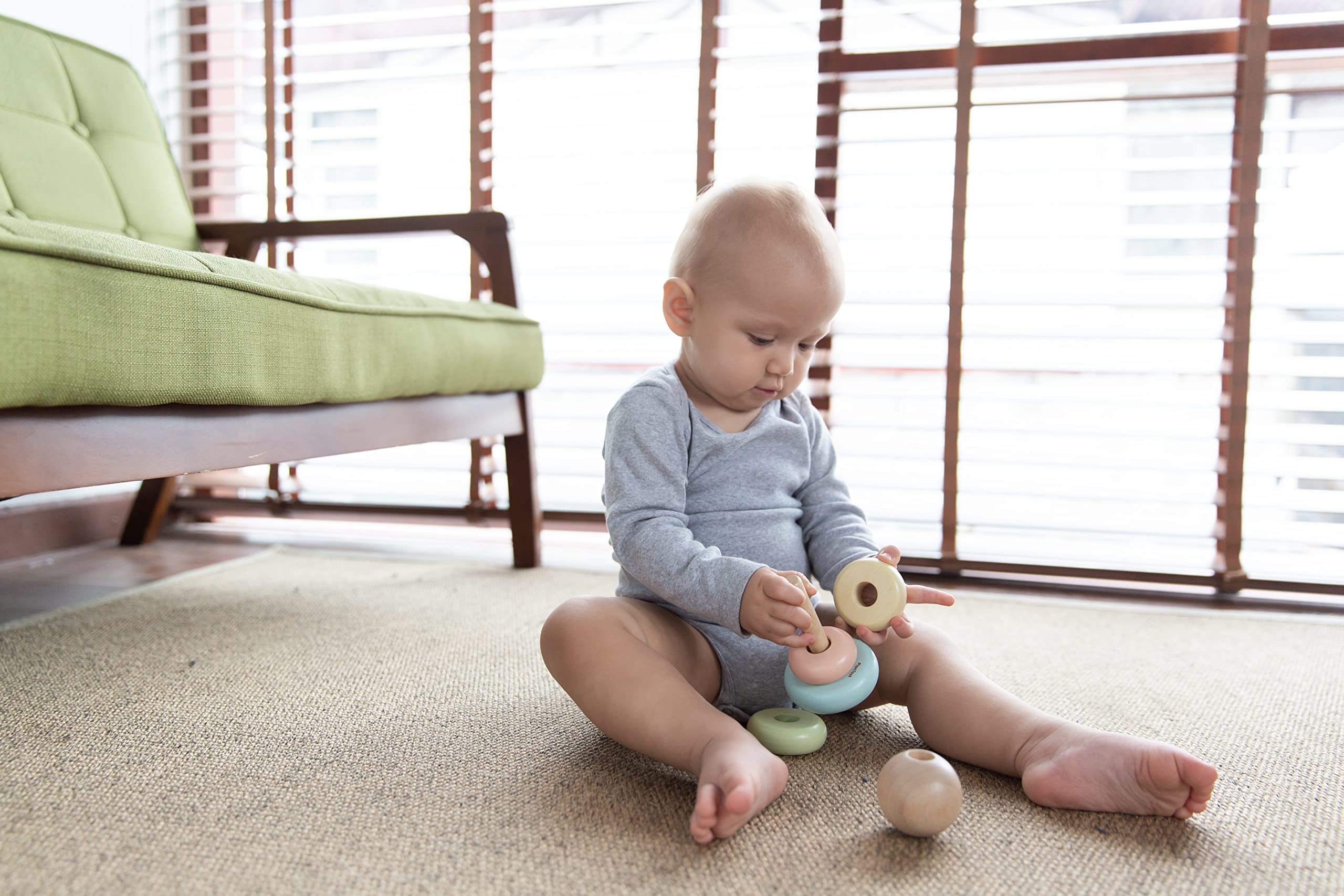 PlanToys First Stacking Rings Baby Toy - Sustainably Made from Rubberwood Featuring Organic-Pigment Coloring and Water-Based Dyes with Collapsible Central Rod for Safety