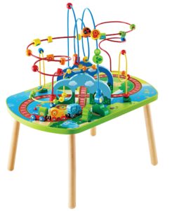 hape jungle adventure railway table | kids bead maze puzzle table with accessories, african scene graphics, child sized table for individual and group play