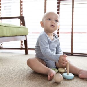 PlanToys First Stacking Rings Baby Toy - Sustainably Made from Rubberwood Featuring Organic-Pigment Coloring and Water-Based Dyes with Collapsible Central Rod for Safety