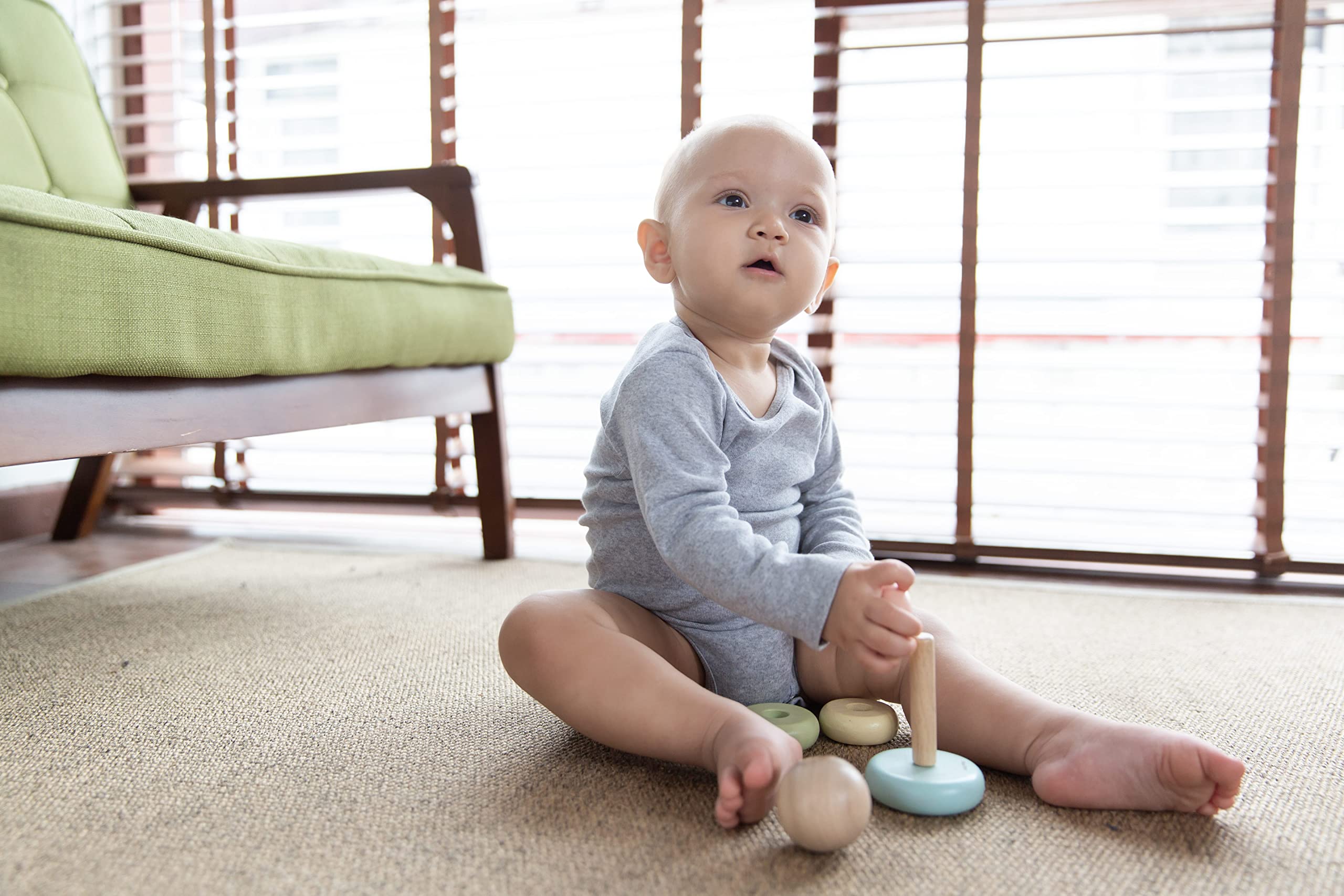 PlanToys First Stacking Rings Baby Toy - Sustainably Made from Rubberwood Featuring Organic-Pigment Coloring and Water-Based Dyes with Collapsible Central Rod for Safety