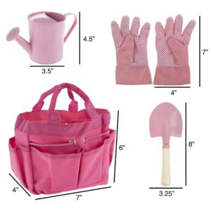 Hey! Play! Kid’s Garden Tool Set with Child Safe Shovel, Rake, Fork, Gloves, Watering Can and Canvas Tote- Mini Gardening Kit for Boys and Girls , Pink 4 x 7 x 6 inches