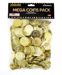 kinrex plastic gold coins – st patricks day realistic bulk prop money for kids, toddler, party, games, crafts, reward, teachers, classroom pretend play toys, 400 count fake coins set