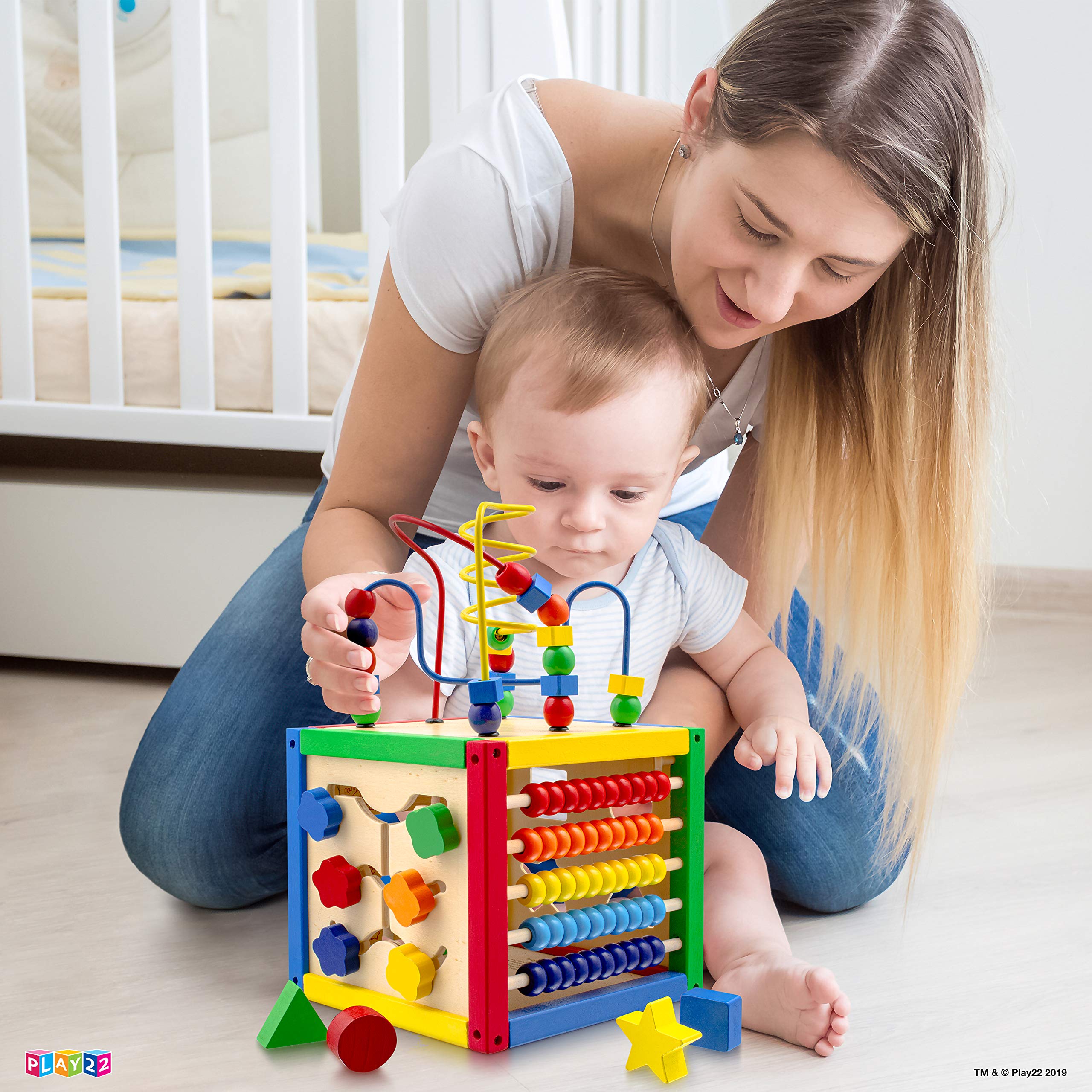 Wooden Activity Play Cube 6 in-1 for Baby with Removable Bead Maze, Shape Sorter, Abacus Counting Beads & Numbers, Sliding Shapes, 8Pcs Stacking Cups – Play22