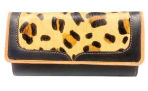 leather book® lw-1802 taj leopard ladies wallet|11 card slots|1 card window|4 slide pockets|1 zip compartment pocket| 1 back silver metal zip pocket | black, tan cowhide & jersey leopard print leather