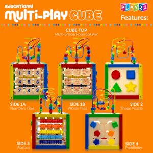 Wooden Activity Play Cube 6 in-1 for Baby with Removable Bead Maze, Shape Sorter, Abacus Counting Beads & Numbers, Sliding Shapes, 8Pcs Stacking Cups – Play22