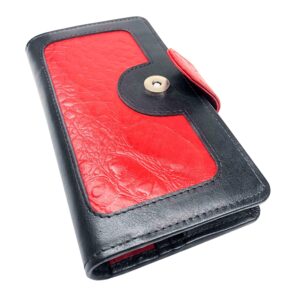 leather book lw-1804 red crocodile ladies wallet|10 card slots|1 card window|4 slide pockets|1 zip pocket | black cowhide & red cowhide crocodile print leather