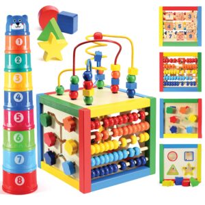 Wooden Activity Play Cube 6 in-1 for Baby with Removable Bead Maze, Shape Sorter, Abacus Counting Beads & Numbers, Sliding Shapes, 8Pcs Stacking Cups – Play22