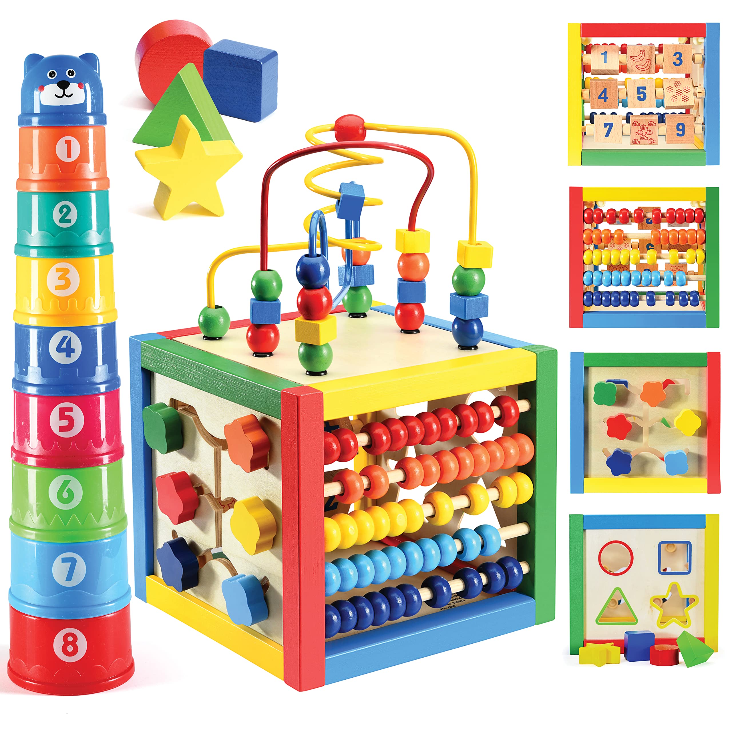 Wooden Activity Play Cube 6 in-1 for Baby with Removable Bead Maze, Shape Sorter, Abacus Counting Beads & Numbers, Sliding Shapes, 8Pcs Stacking Cups – Play22