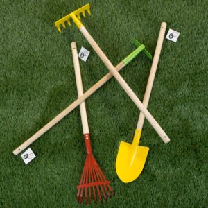 Hey! Play! Kid’s Garden Tool Set with Child Safe Shovel, Rake, Hoe and Leaf Rake– 4 Piece Gardening Kit with Long Wood Handles for Boys and Girls