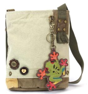 chala womens' canvas patch crossbody handbag with keyfob- sand (frog - sand)