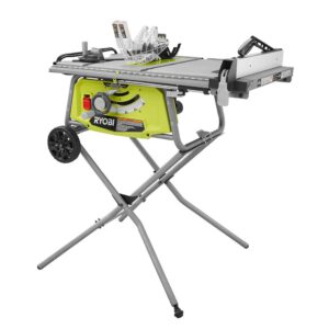 ryobi 10 in. portable table saw with rolling stand with a powerful 15 amp motor and onboard storage, ideal for woodworking, home repair and renovation projects