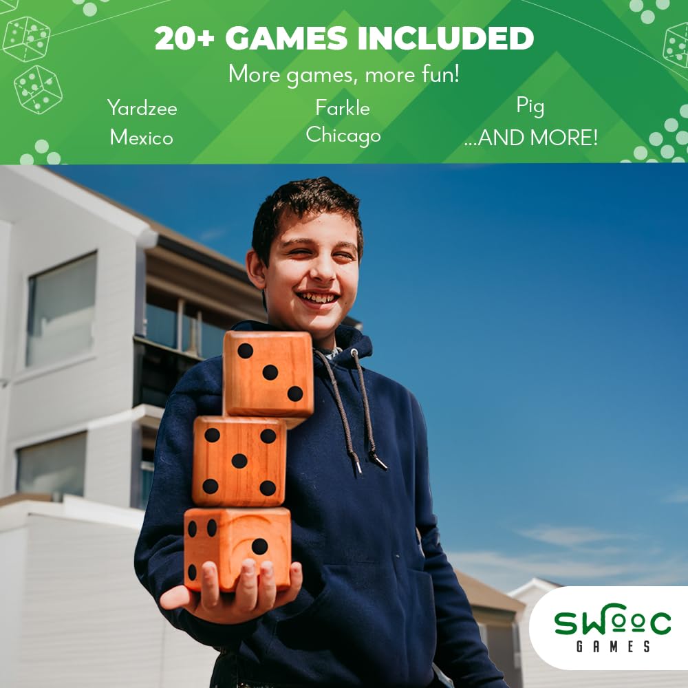 SWOOC Games - Yardzee, Farkle & 20+ Giant Dice Games - Yard Dice (All Weather) w/Bucket, Scorecards & Marker - Giant Outdoor Games - Giant Yard Games for Adults - Big Dice Jumbo Dice - Large Dice