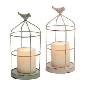 foreside home and garden fcad01164 set of 2 rustic white and mint metal wire cage and bird pillar candle holders