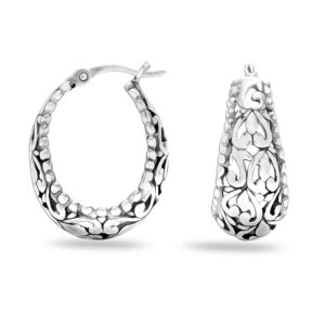 lecalla sterling silver earrings filigree hoops | lightweight italian 925 silver hoop earrings small oval antique oxidized filigree design earring hoops for women 25mm