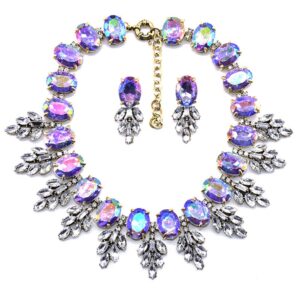 zthread luxury colorful crystal statement necklace leaf pendant choker eveing dress bridal jewelry necklace earrings set for women (purple)